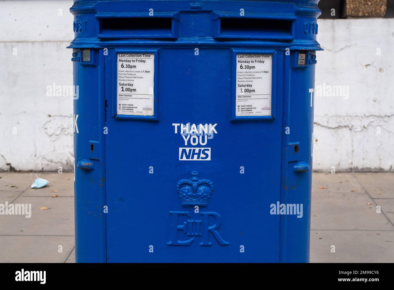 London, UK. 5th July, 2022. Waterloo. A blue painted post box outside ...