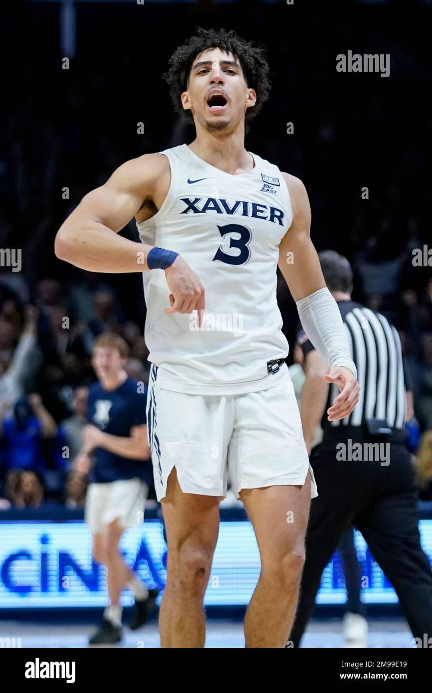 Xavier guard Colby Jones (3) reacts after defeating Marquette in an ...