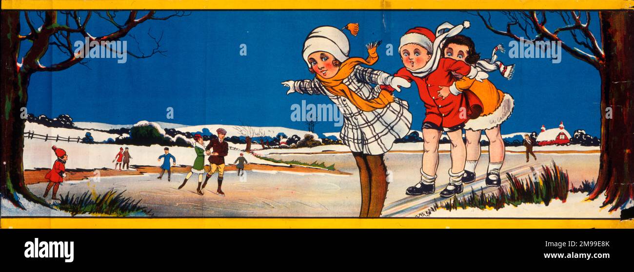 Decorative Christmas frieze, People sliding and skating on ice Stock ...