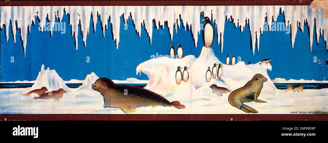 Decorative Christmas frieze, Antarctic seals and penguins with snow and ...