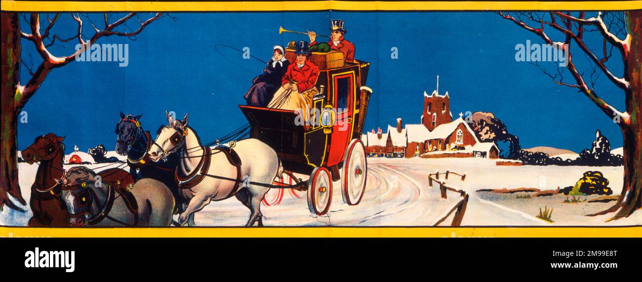 Decorative Christmas frieze, Horse-drawn coach in the snow Stock Photo ...