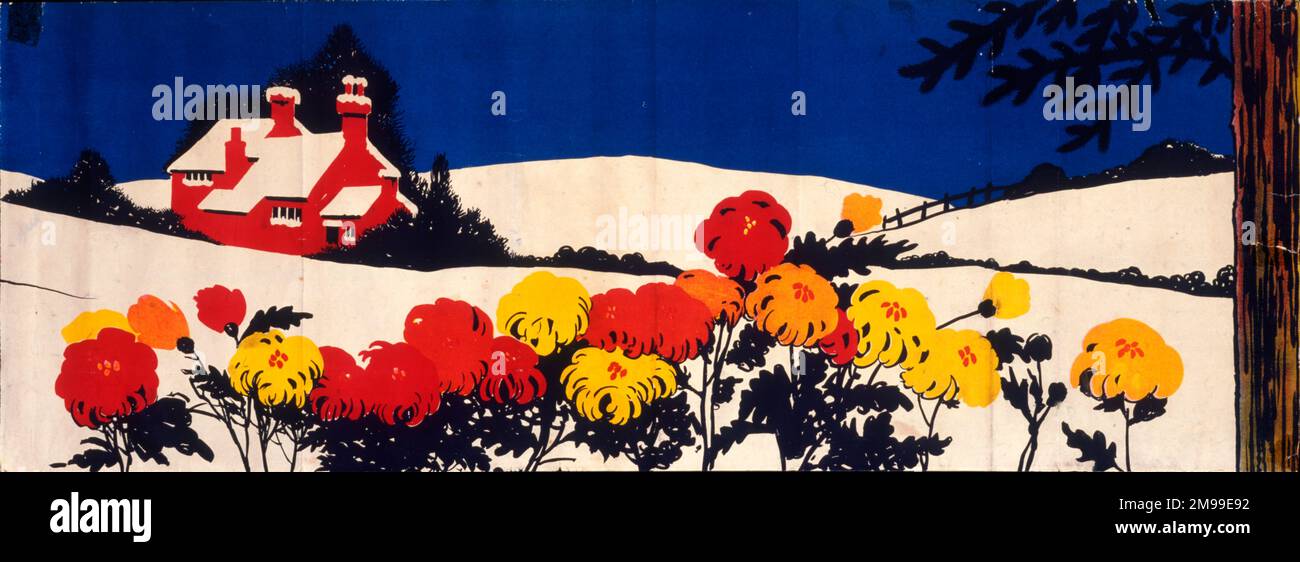 Decorative Christmas frieze, Snow scene with red and yellow flowers ...