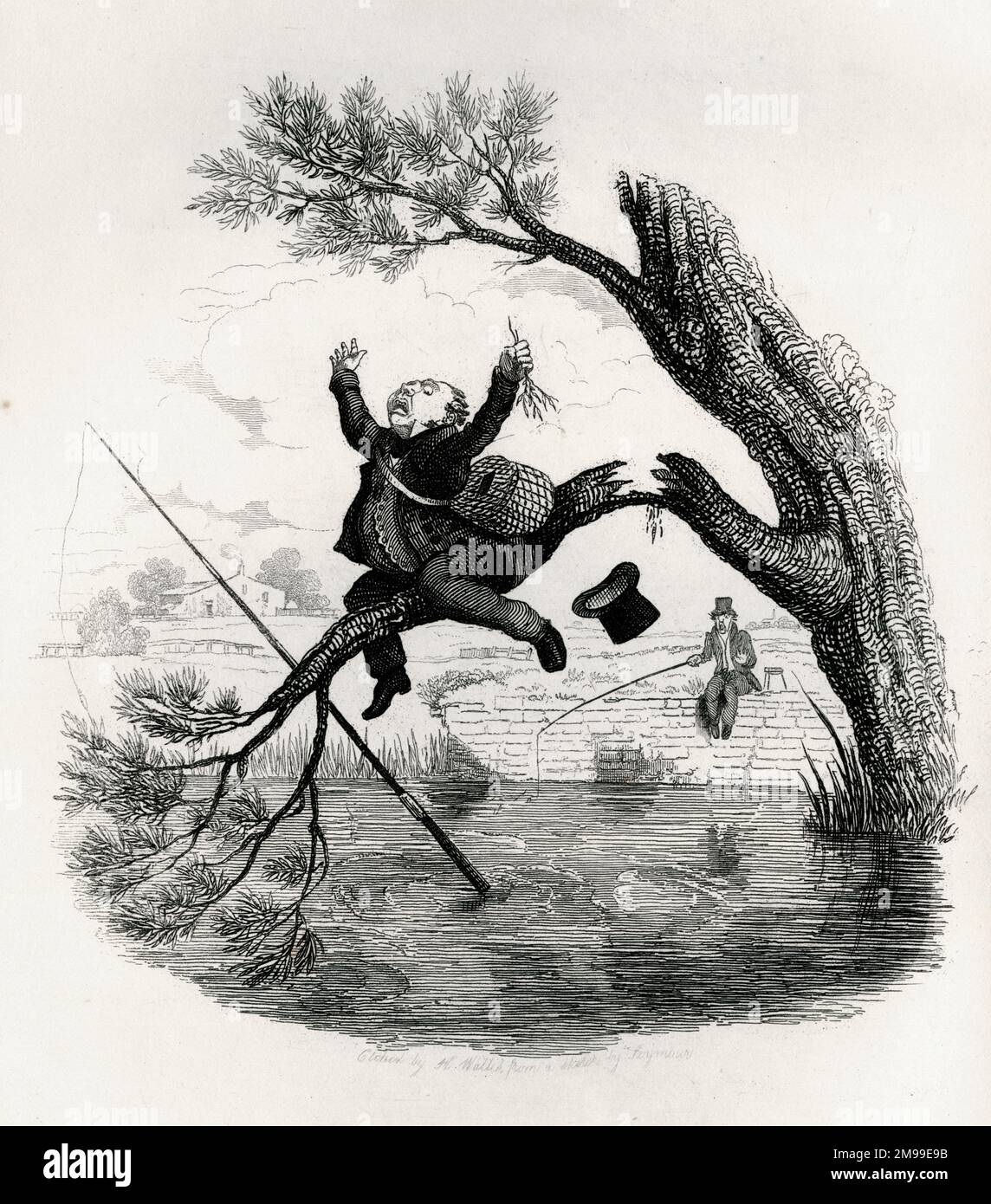 Illustration, Fisherman about to fall into the water Stock Photo - Alamy