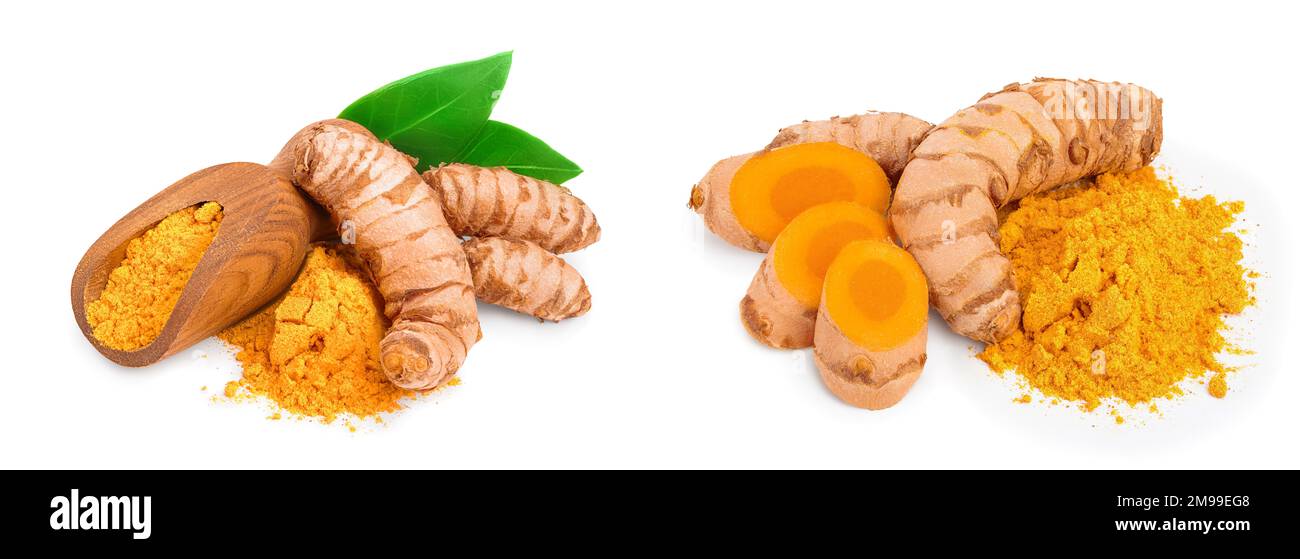 turmeric root and powder isolated on white background close up Stock ...