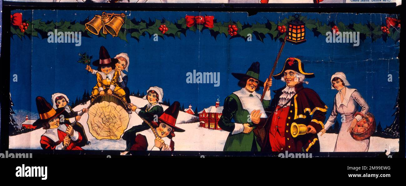 Christmas frieze, Yule Log and Town Crier in Snow Stock Photo - Alamy
