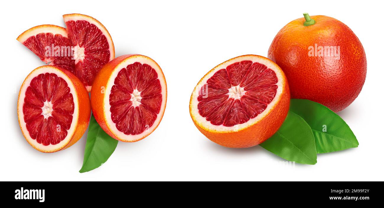 Blood red oranges slices isolated on white background. Top view with ...