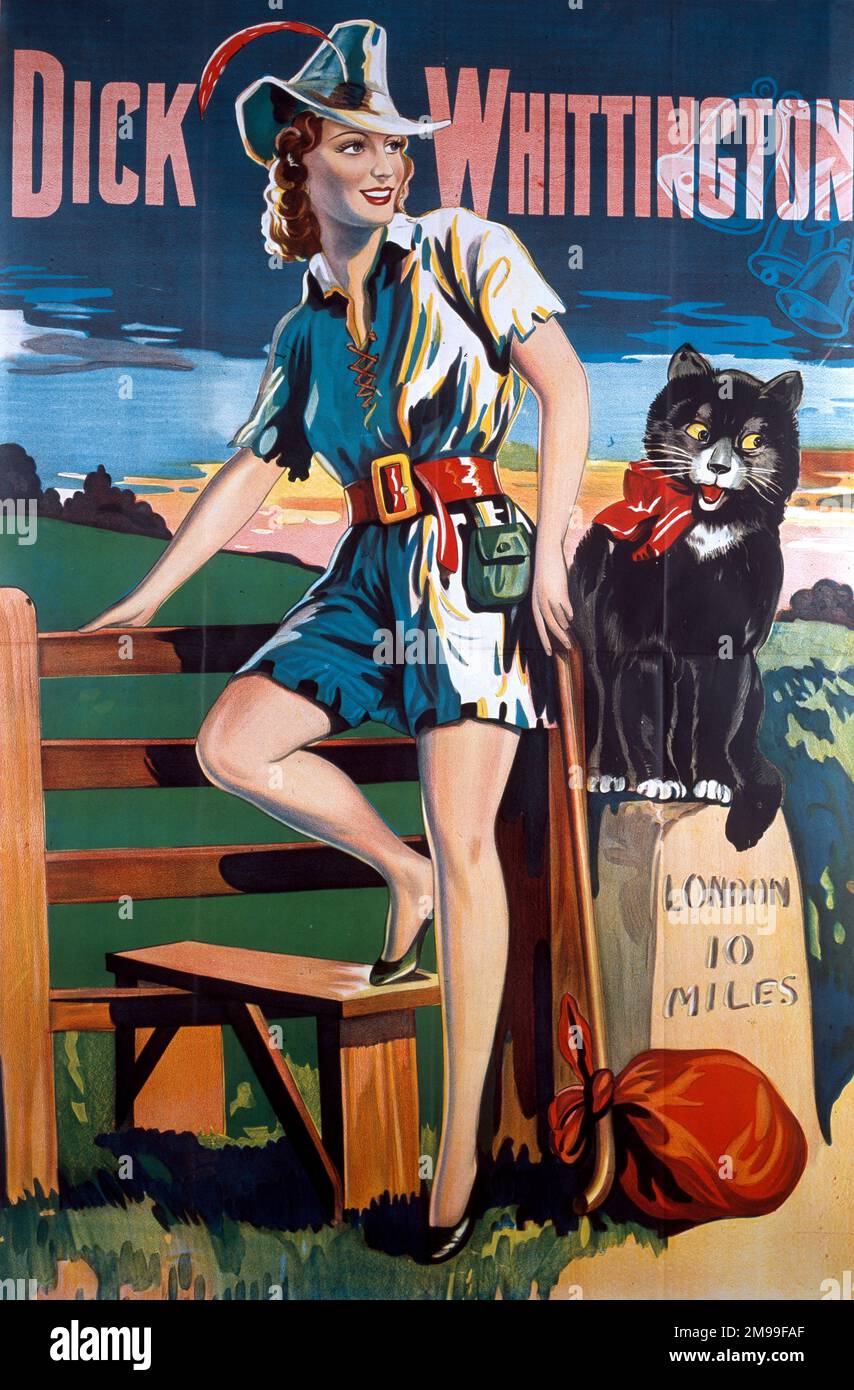 Pantomime poster, Dick Whittington and his cat, ten miles from London ...