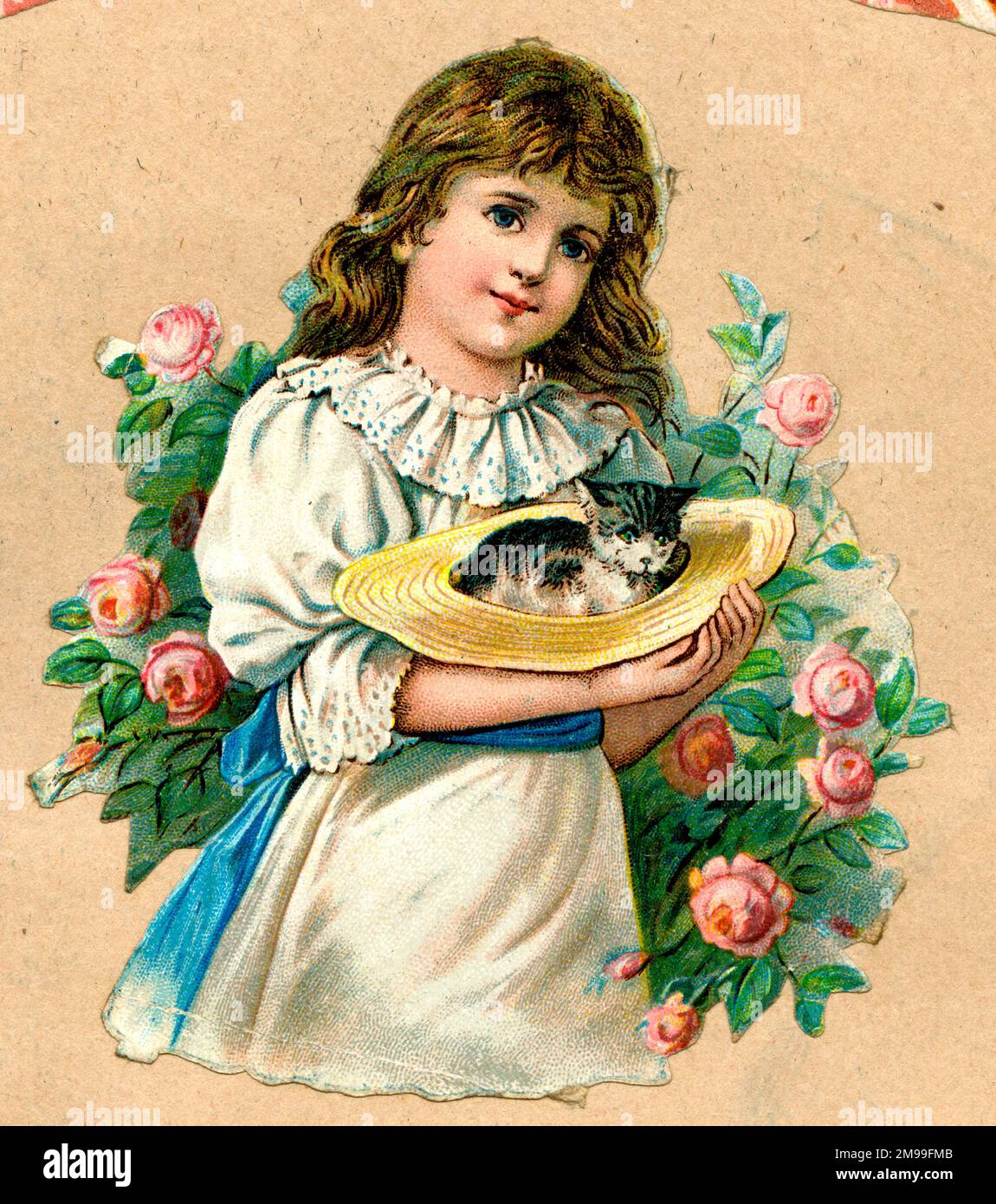 Victorian Scrap, Girl holding a kitten in a straw hat Stock Photo - Alamy