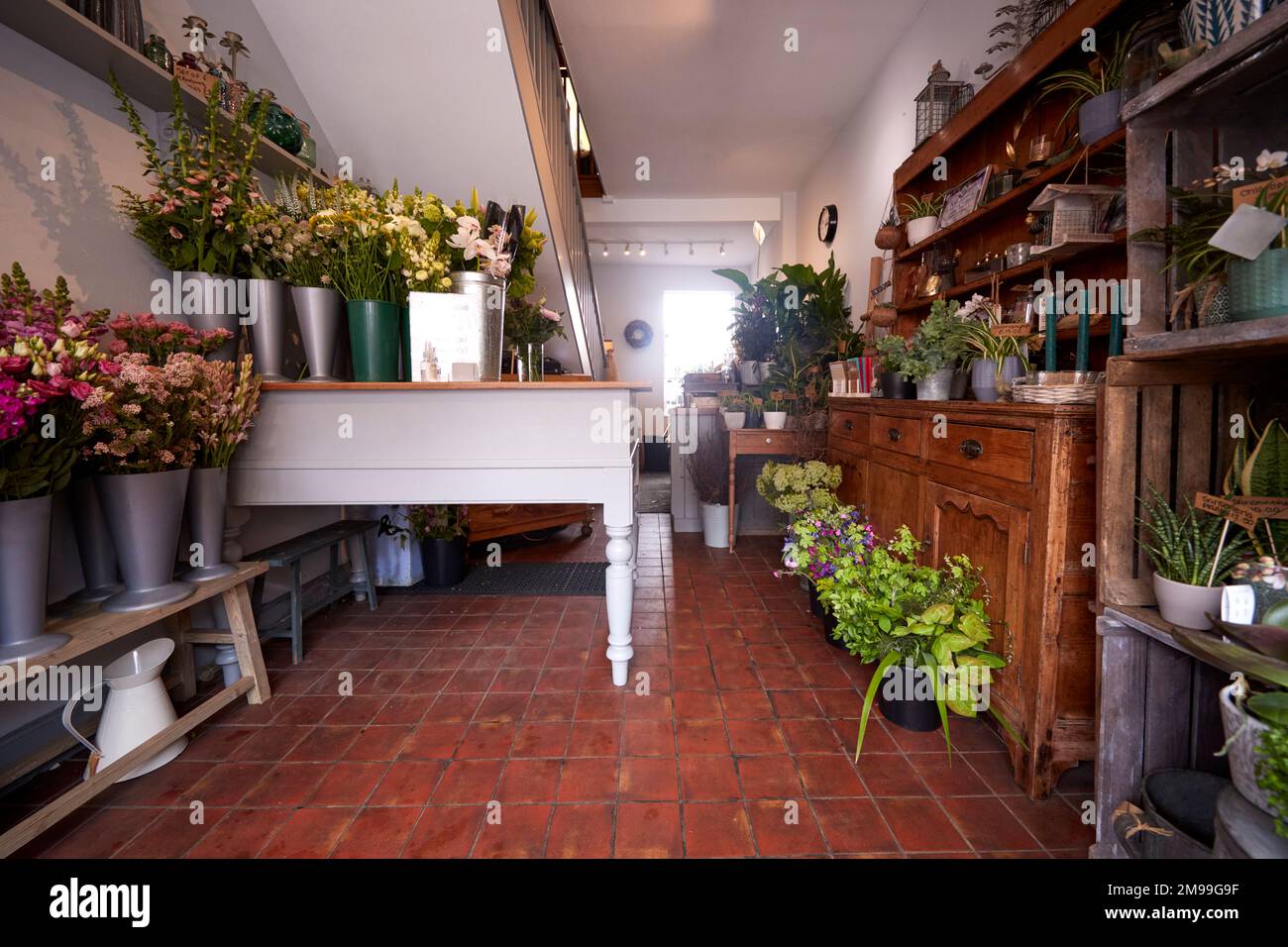 Interior Of Florists Shop With Counter And Colourful Flowers On Display ...