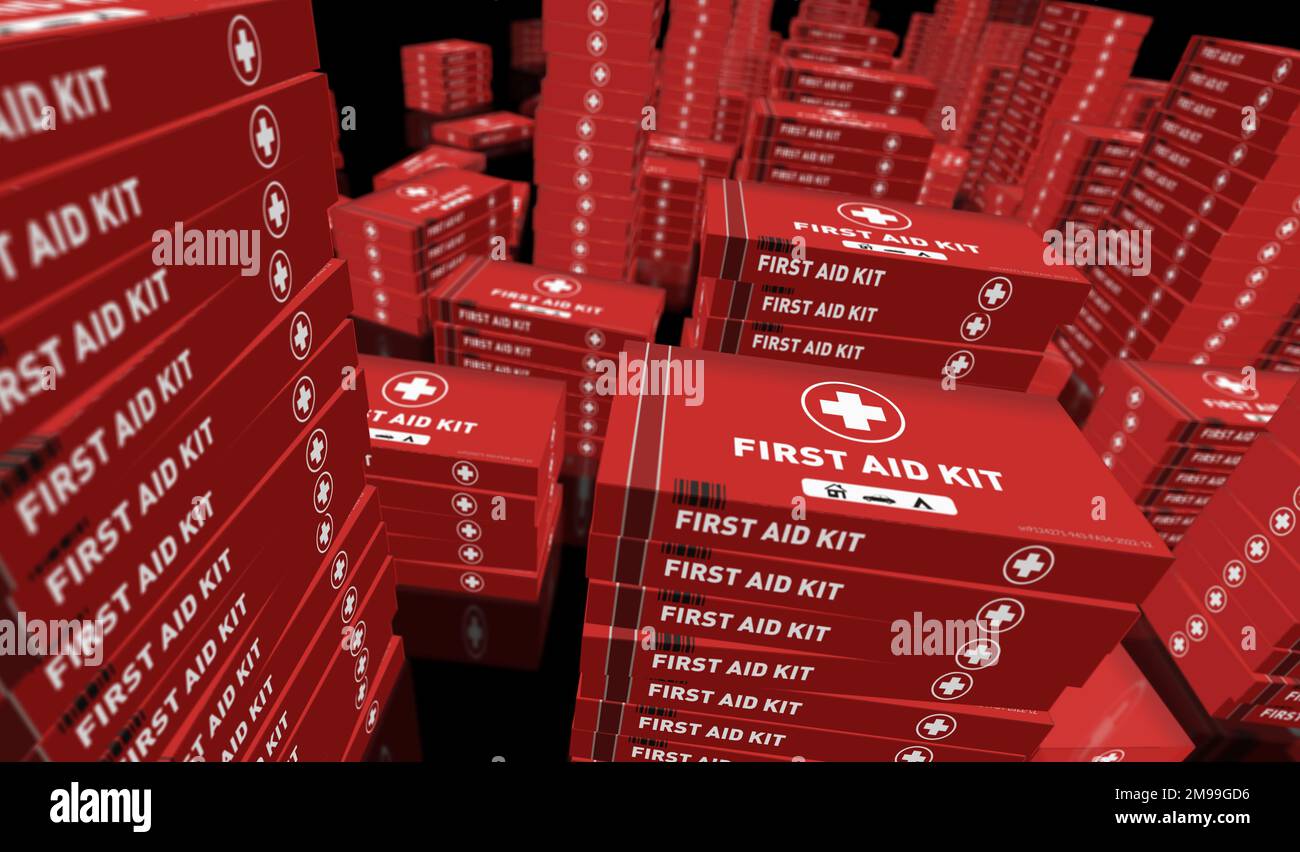 First Aid Kit and emergency box production line. Medical emergency ...