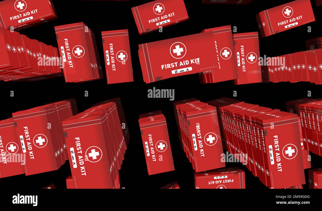 First Aid Kit and emergency box production line. Medical emergency ...