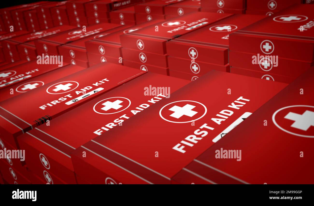 First Aid Kit and emergency box production line. Medical emergency ...