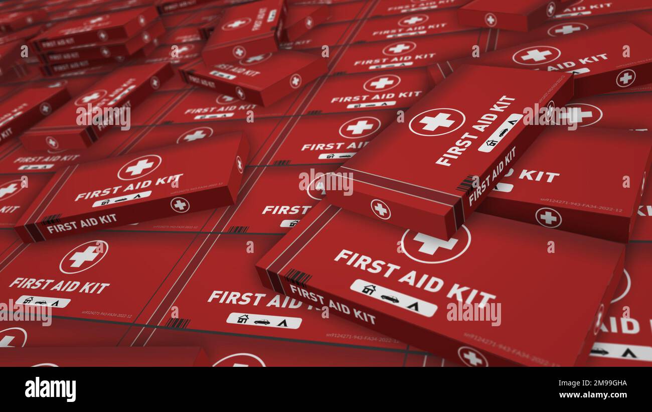 First Aid Kit and emergency box production line. Medical emergency ...