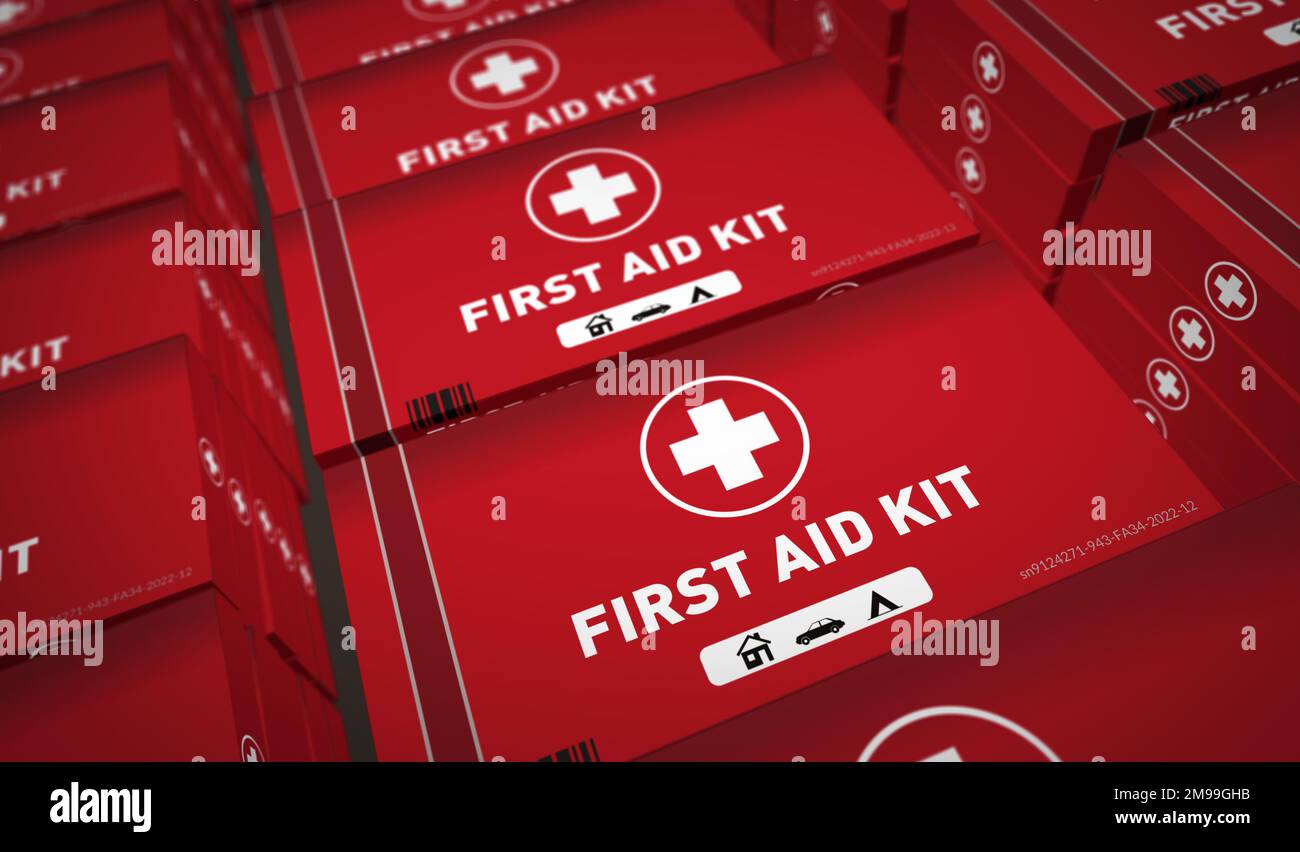 First Aid Kit and emergency box production line. Medical emergency ...