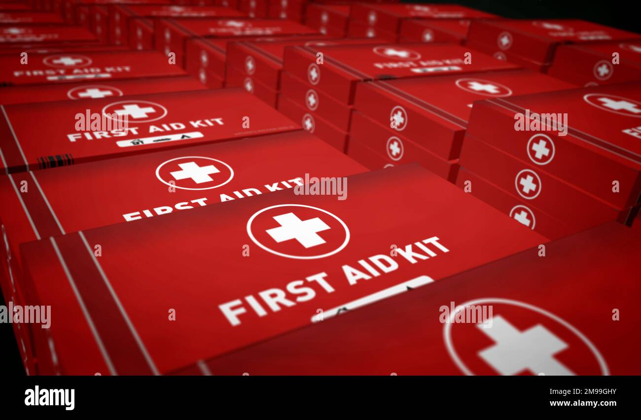 First Aid Kit and emergency box production line. Medical emergency ...
