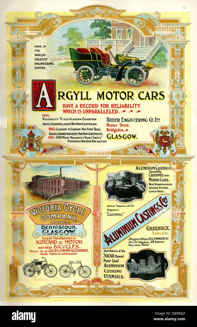 Adverts for Argyll Motor Cars, Victoria Cycle Company and Aluminium ...