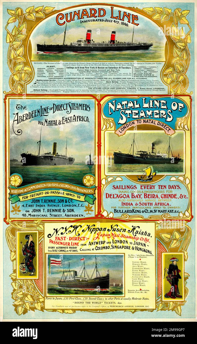 Adverts for shipping companies -- Cunard Line, Aberdeen Line, Natal ...