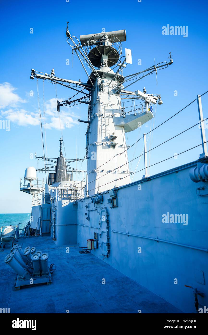 Image of a military radar air surveillance on navy ship tower Stock ...