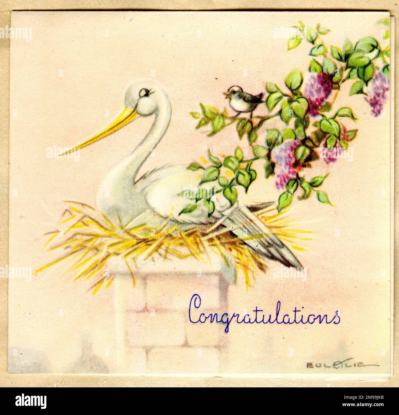 Congratulations card for arrival of new baby, showing a stork on her ...