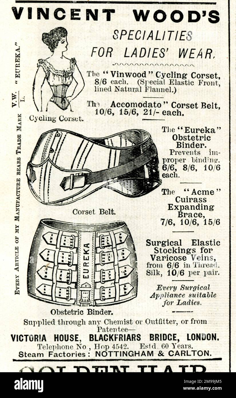 Advert for Vincent Wood's ladies' wear, including a Cycling Corset ...