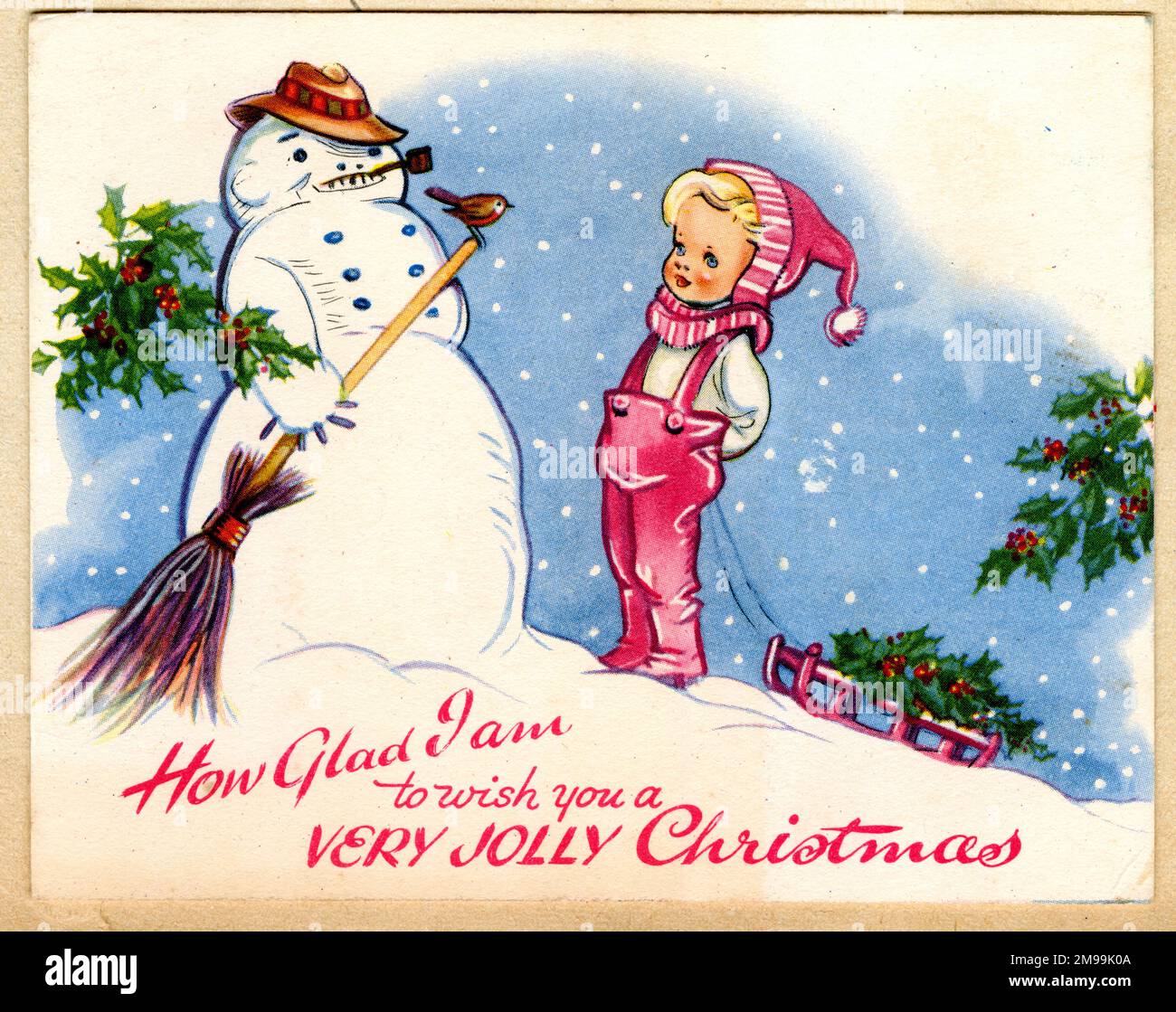 Christmas card, Girl with sledge talking to a snowman -- How Glad I am ...