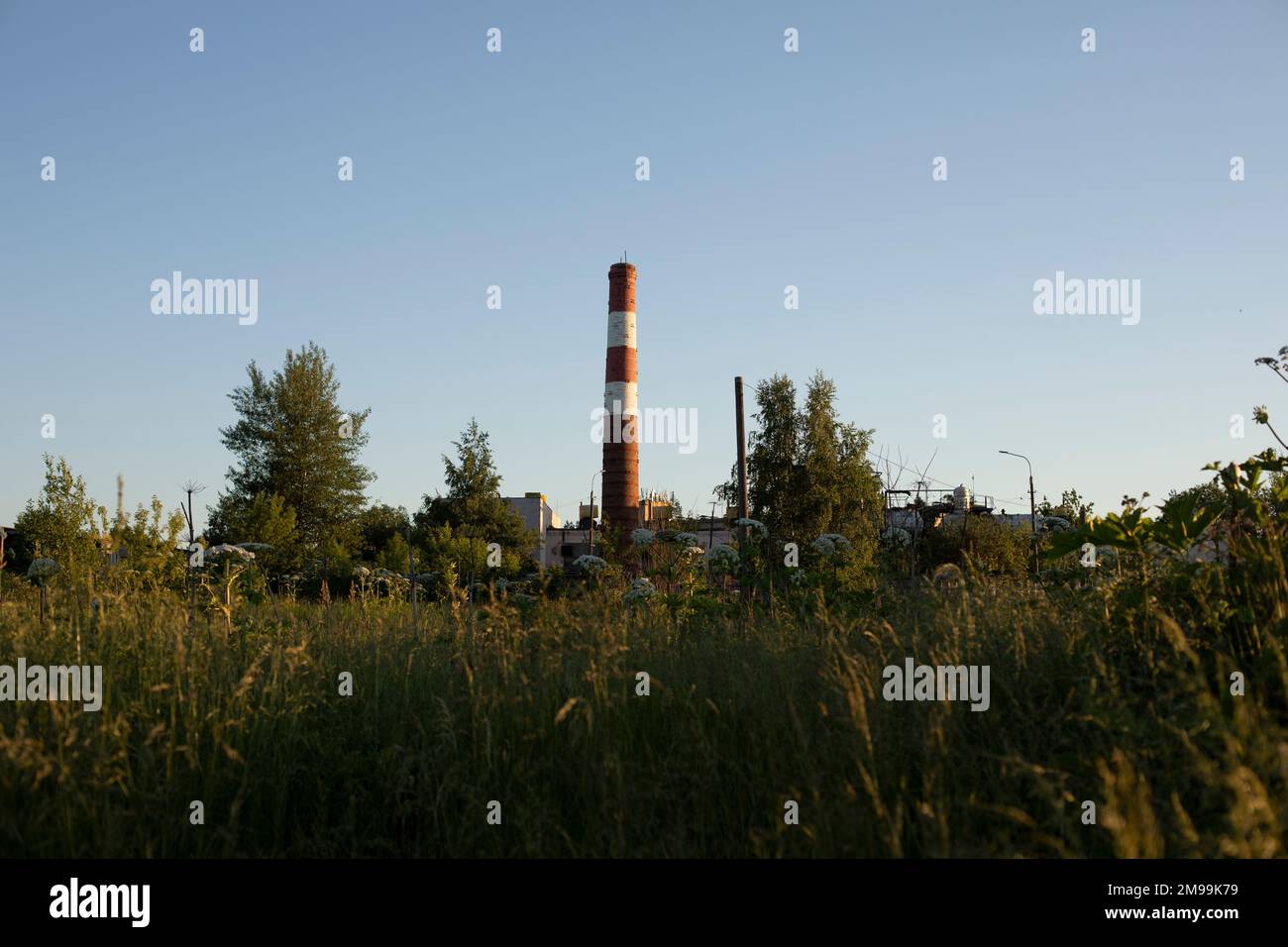 Pipe factory. Boiler station pipe. Rural landscape. Industrial zone ...