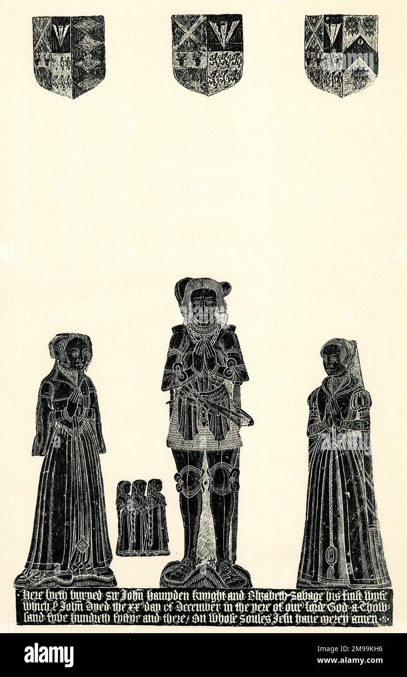 Monumental brass rubbing, Sir John Hampden, Knight, and wife Elizabeth ...