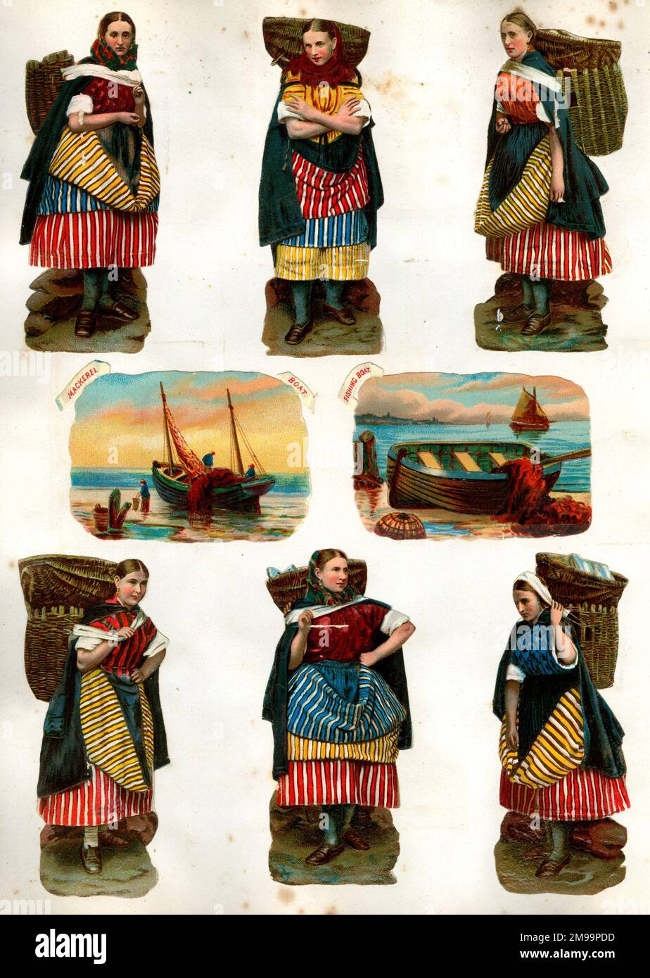 Victorian Scrap, Scottish Fishwives series, with two fishing boats ...