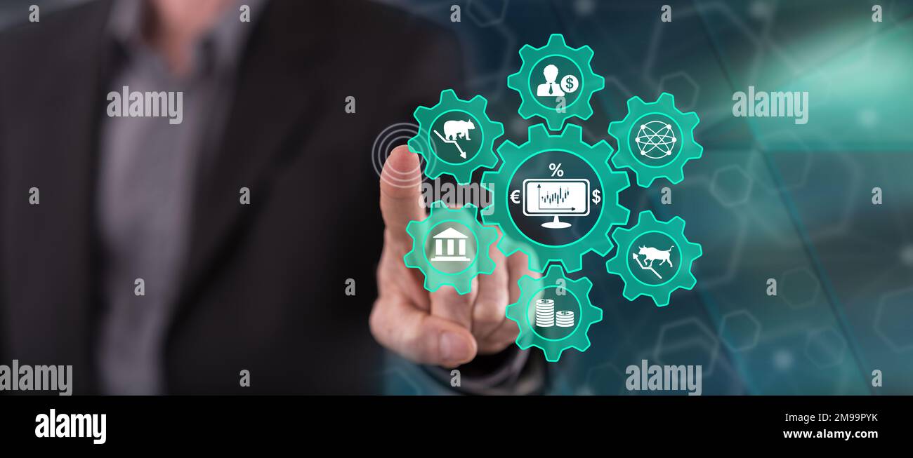 Man touching a stock exchange concept on a touch screen with his finger ...