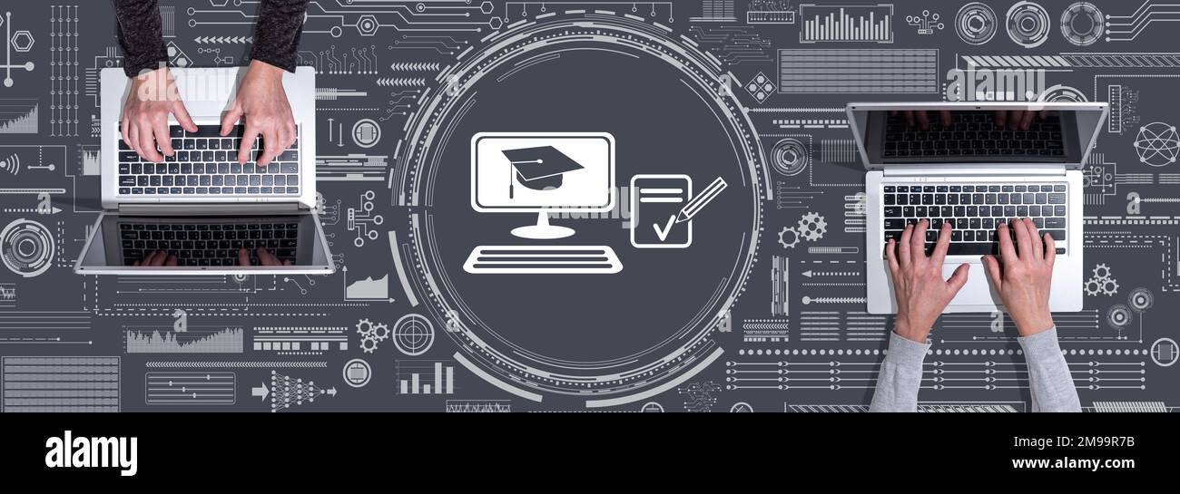 Top view of hands using laptop with symbol of lms concept Stock Photo ...