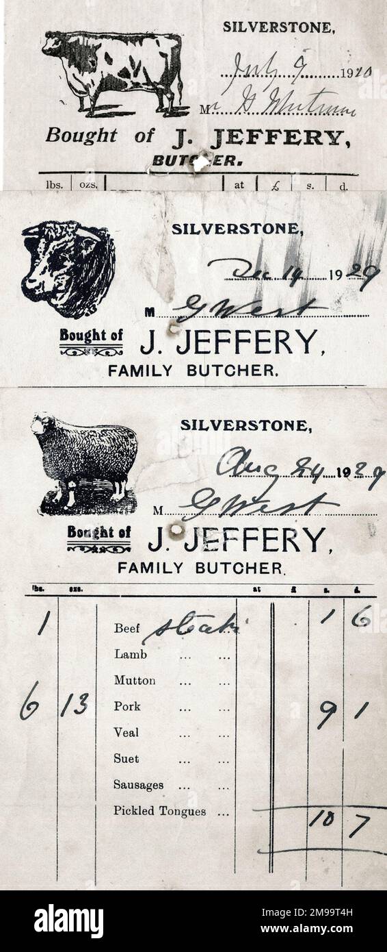 Butcher's receipts, J Jeffery of Silverstone, Northamptonshire, dated ...