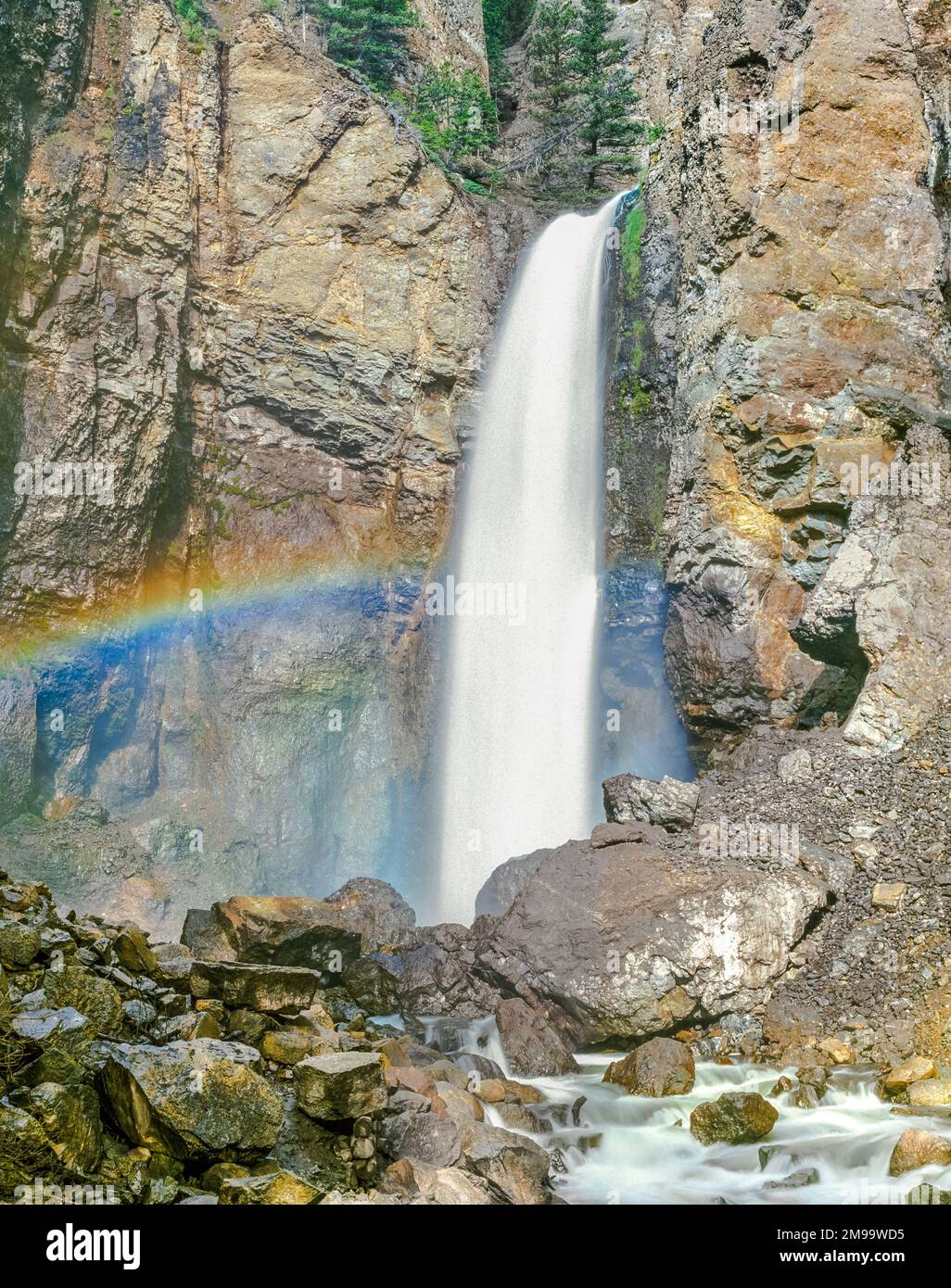 tower falls and rainbow in yellowstone national park, wyoming Stock ...