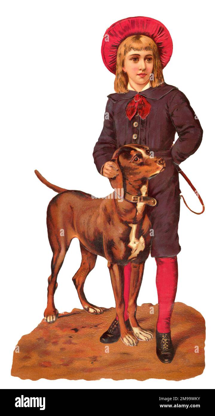 Victorian scrap, Boy and Dog Stock Photo - Alamy