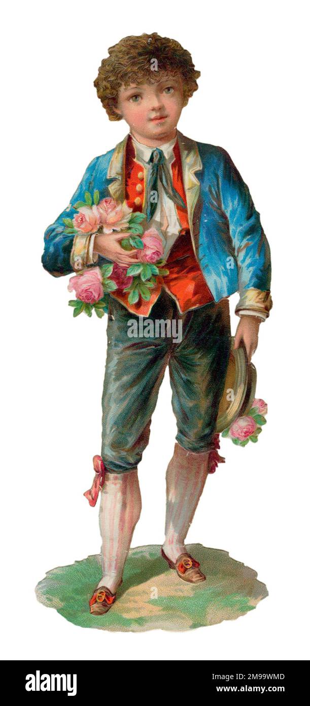 Victorian scrap, Boy with pink roses Stock Photo - Alamy