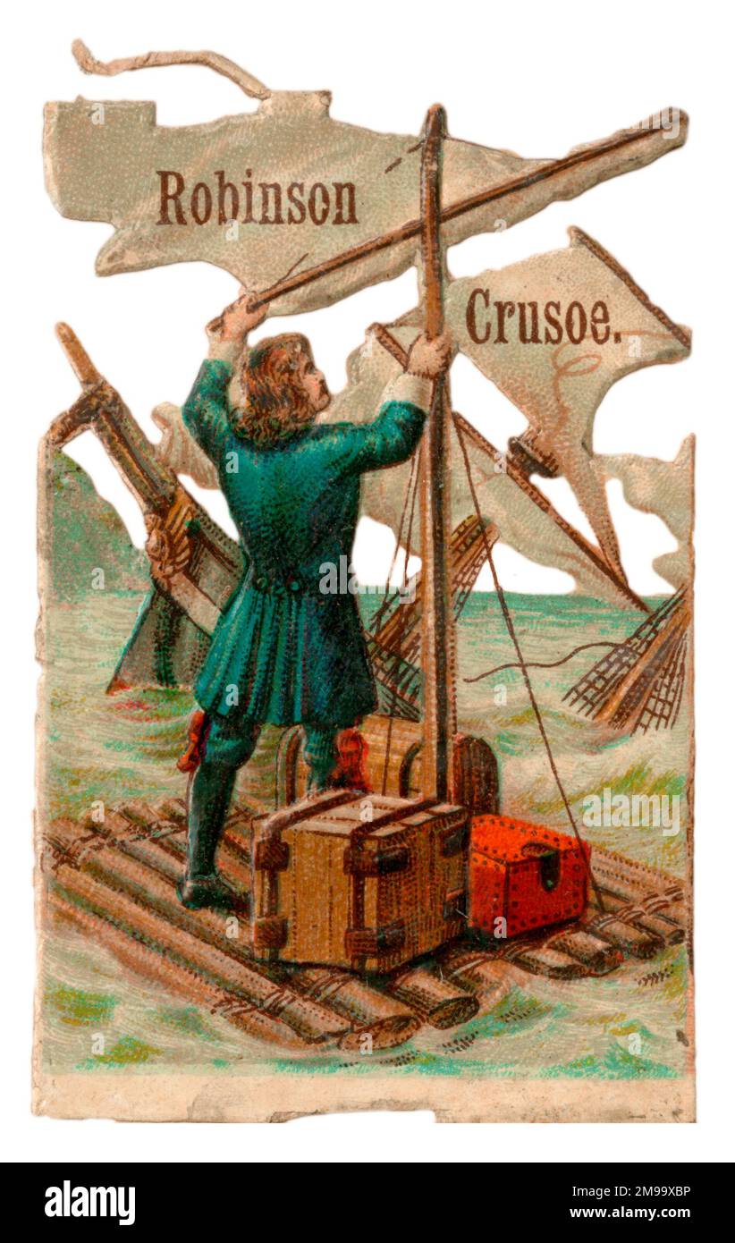 Victorian scrap, Robinson Crusoe on a raft with a shipwreck in the ...