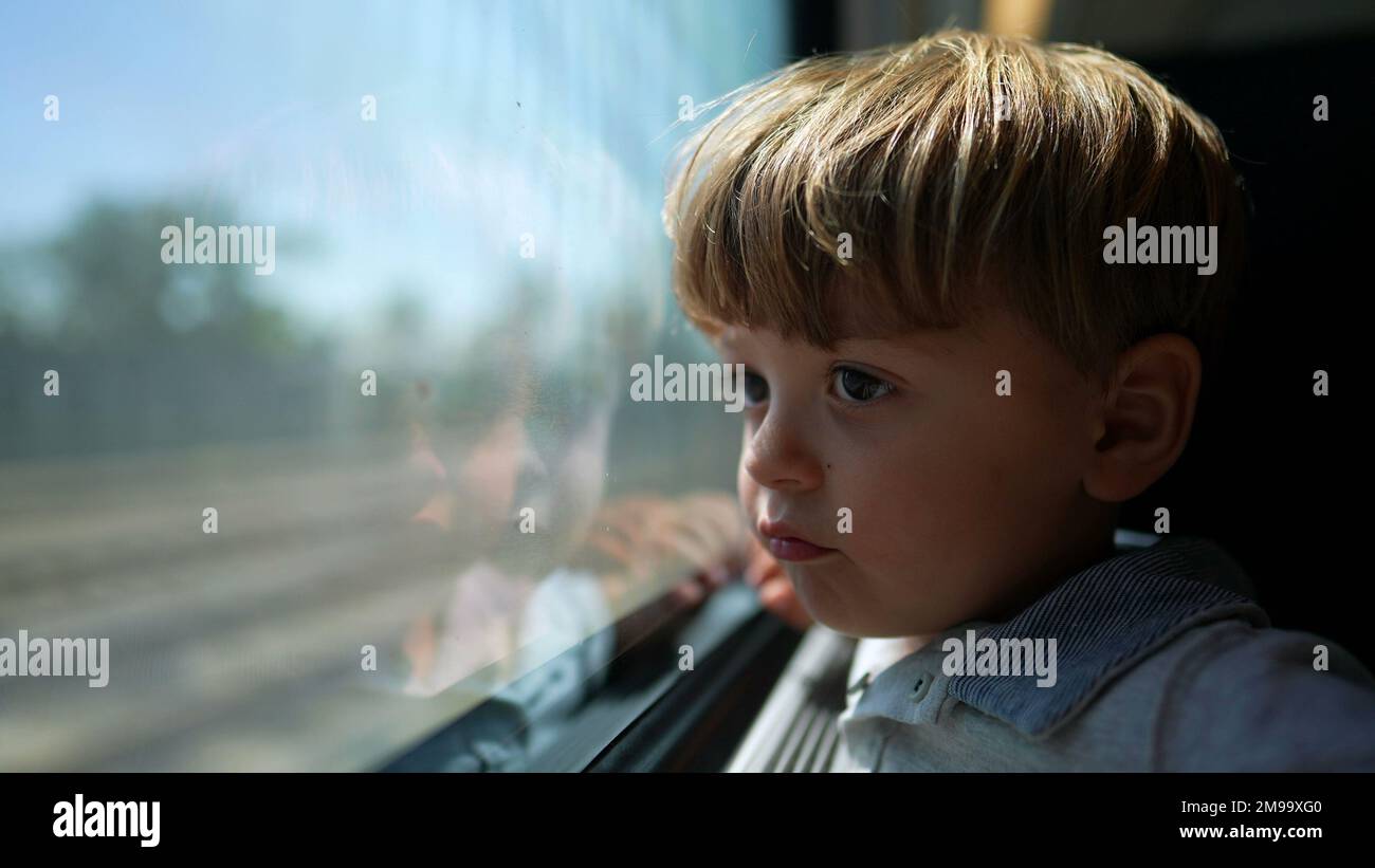 Little boy riding train, passenger child looking out window Stock Photo ...