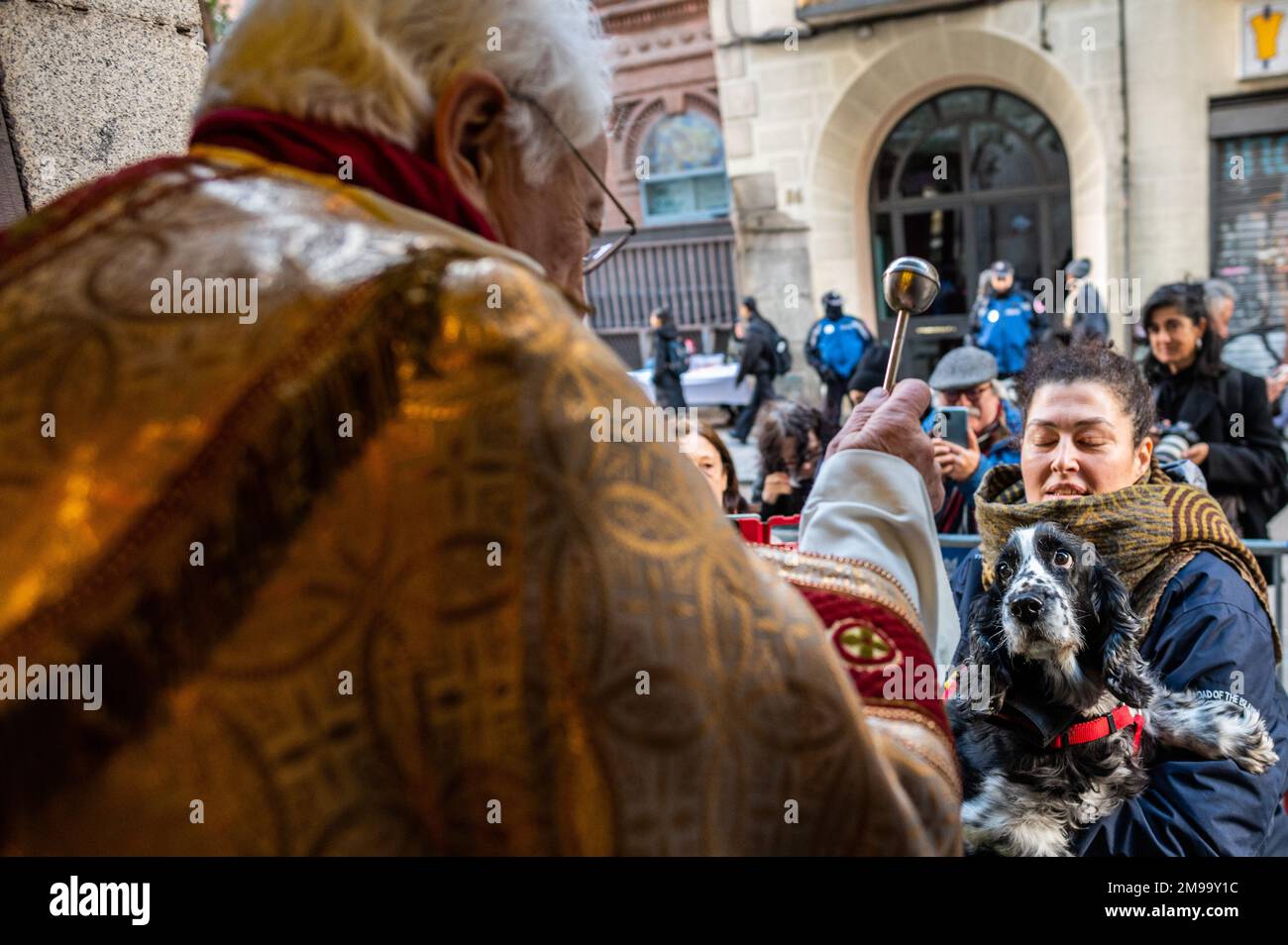 Madrid, Spain. 17th Jan, 2023. The Priest Father Angel blessing a dog ...