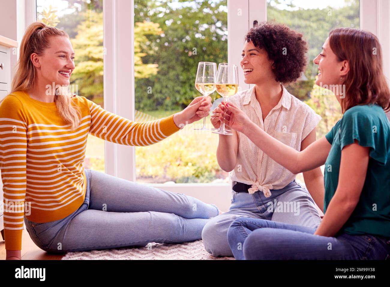 Group Of Female Friends Relaxing At Home Sitting In Lounge Chatting ...