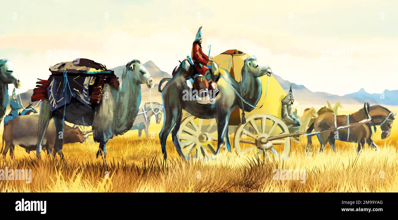 Nomads of the Early Iron Age in the Kazakhstan area, with caravan and ...