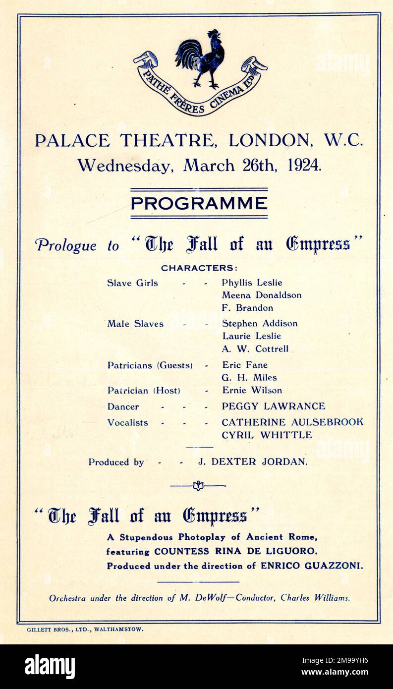 Programme Palace Theatre, London Silent Movie Film, Messalina or The ...