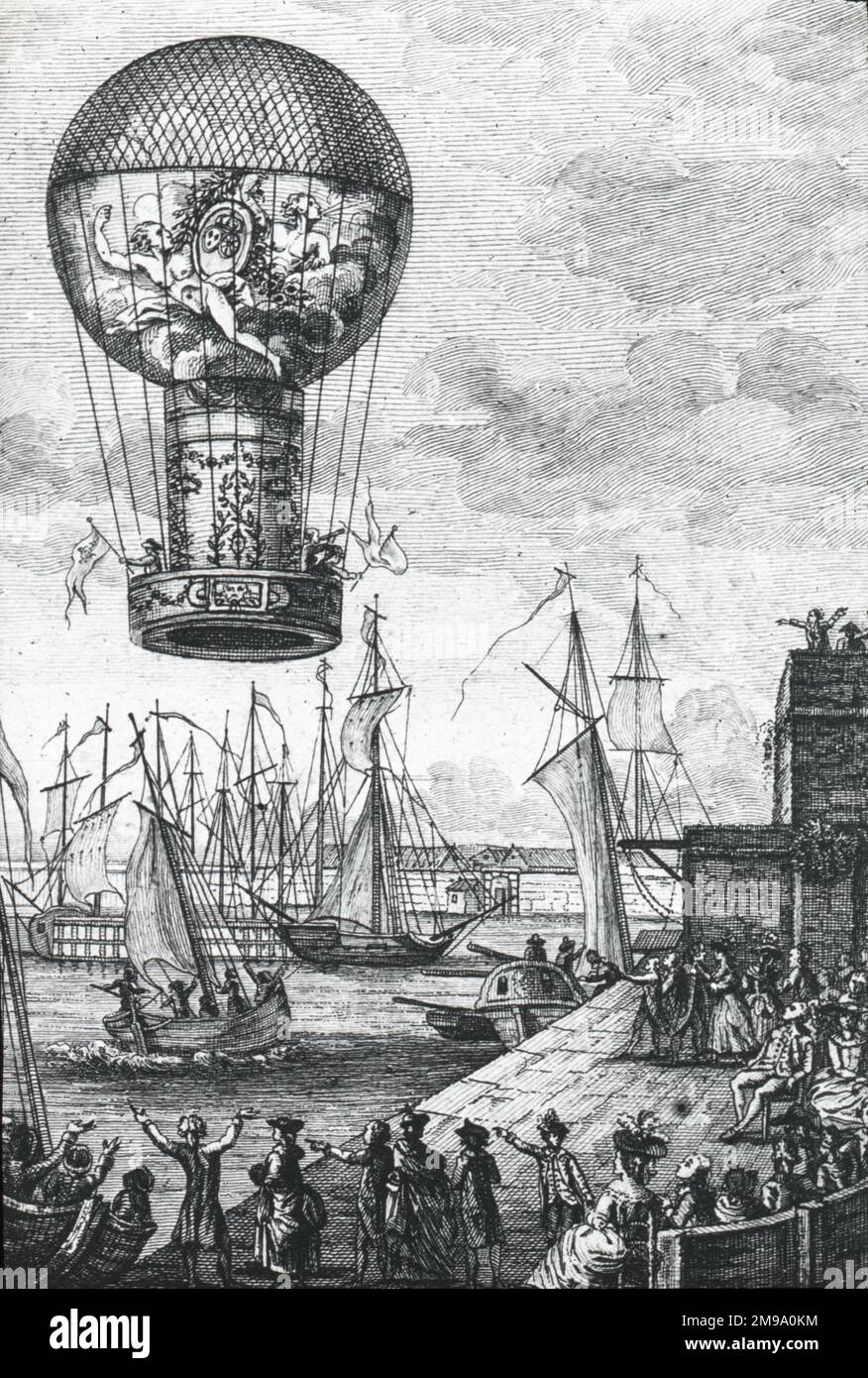de Rozier's "Combination" balloon over seaport Stock Photo - Alamy