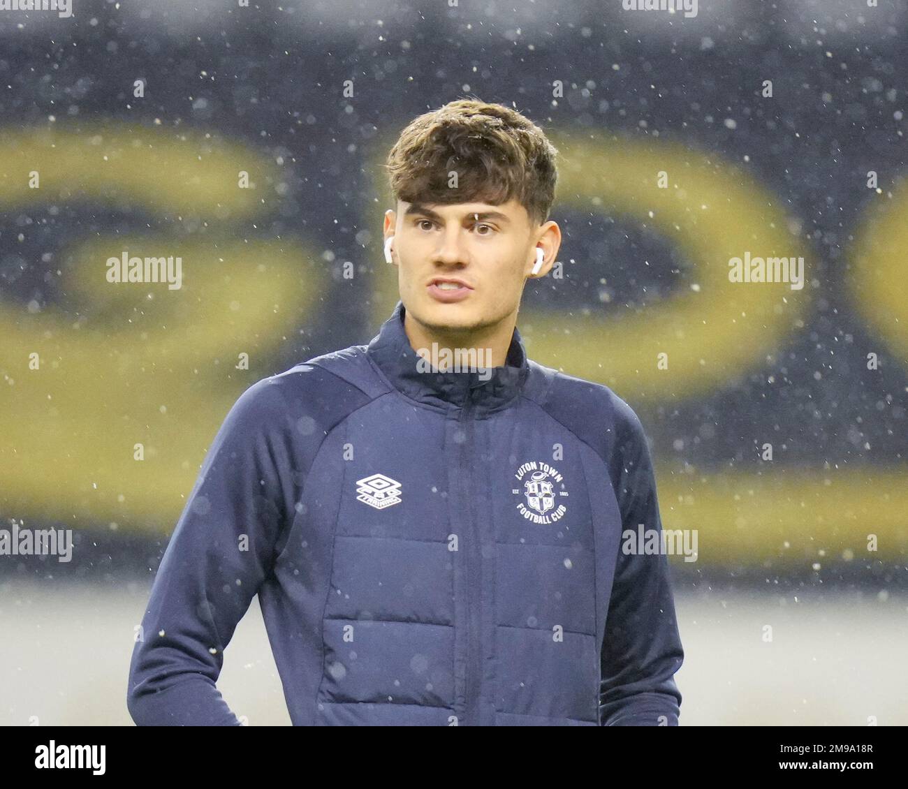 Elliot Thorpe #28 of Luton Town inspects the pitch before the Emirates ...
