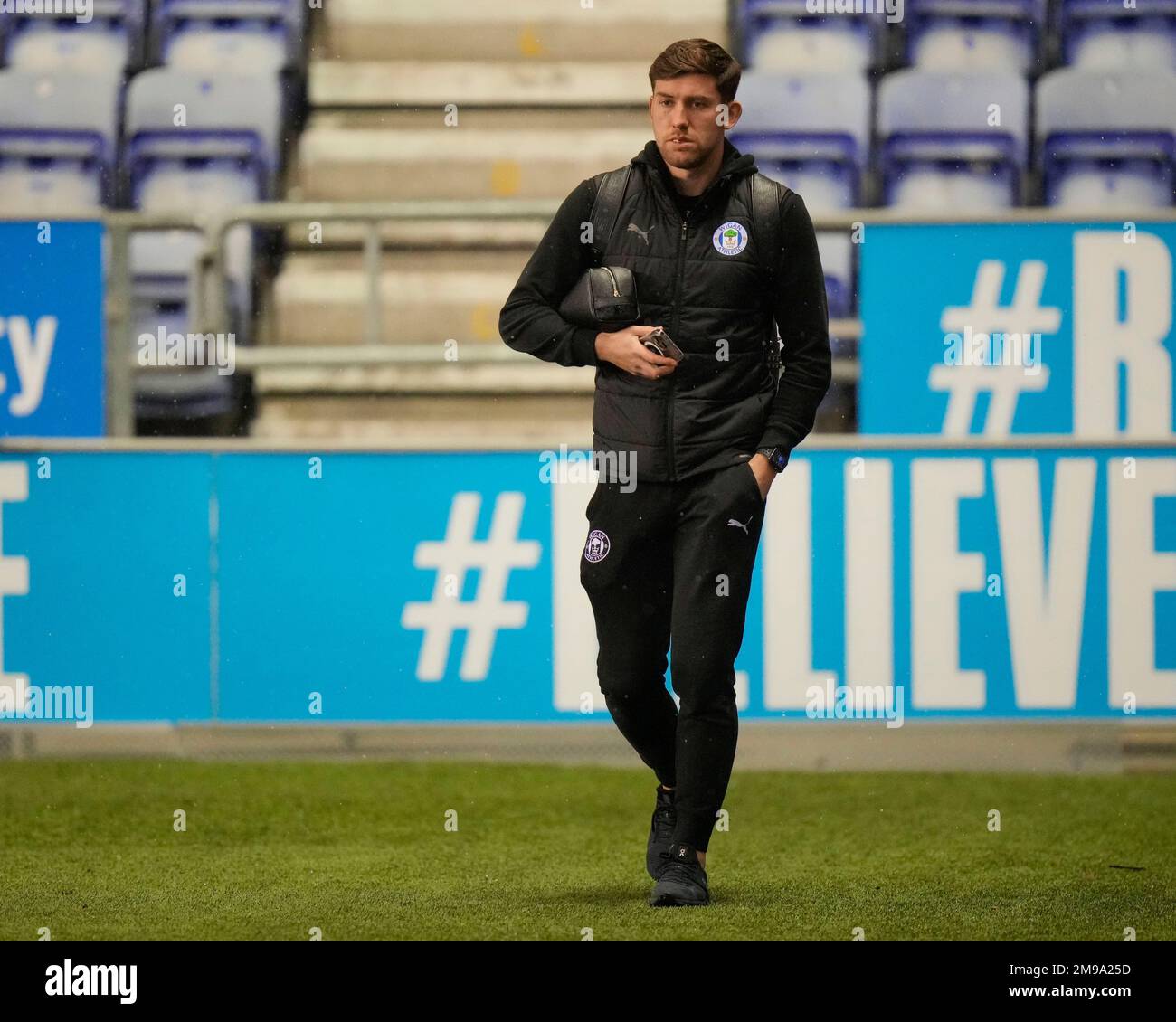 Callum Lang #19 of Wigan Athletic arrives at the stadium before the ...