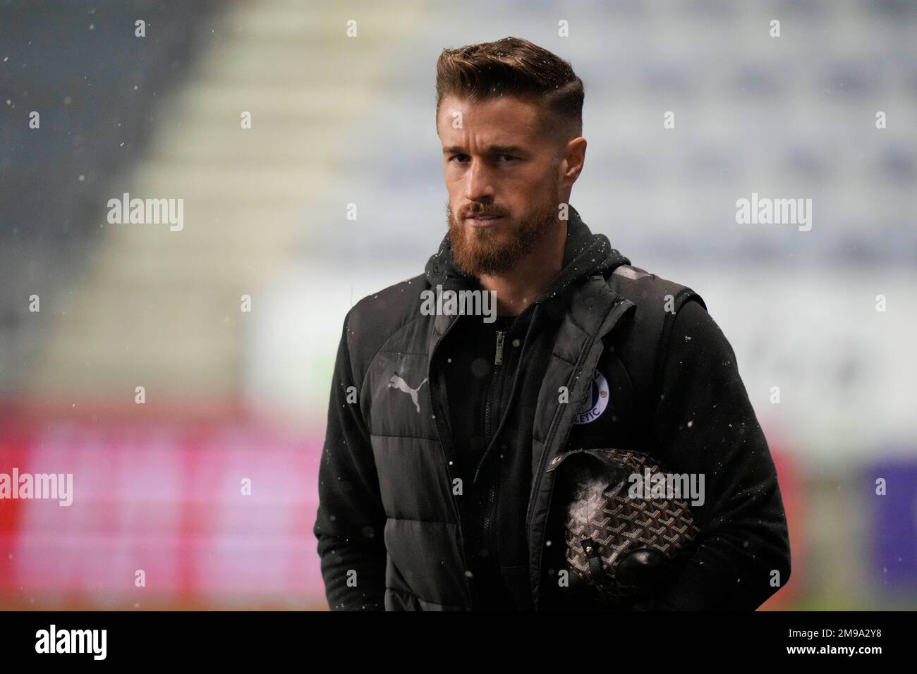 Joe Bennett #21 of Wigan Athletic arrives at the stadium before the ...