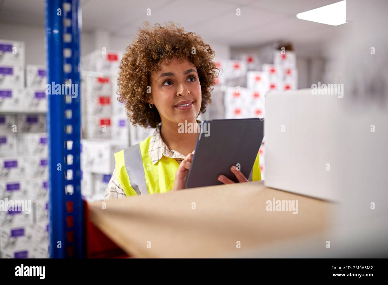Female Worker In Logistics Distribution Warehouse Using Digital Tablet ...
