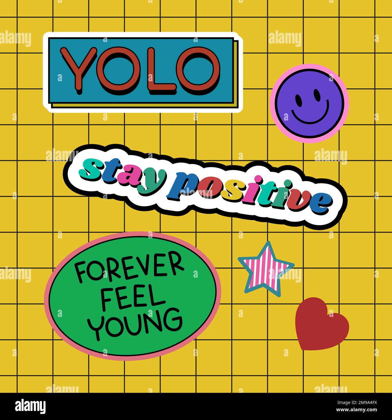 Cute positive sticker illustrations on a yellow grid background vector ...