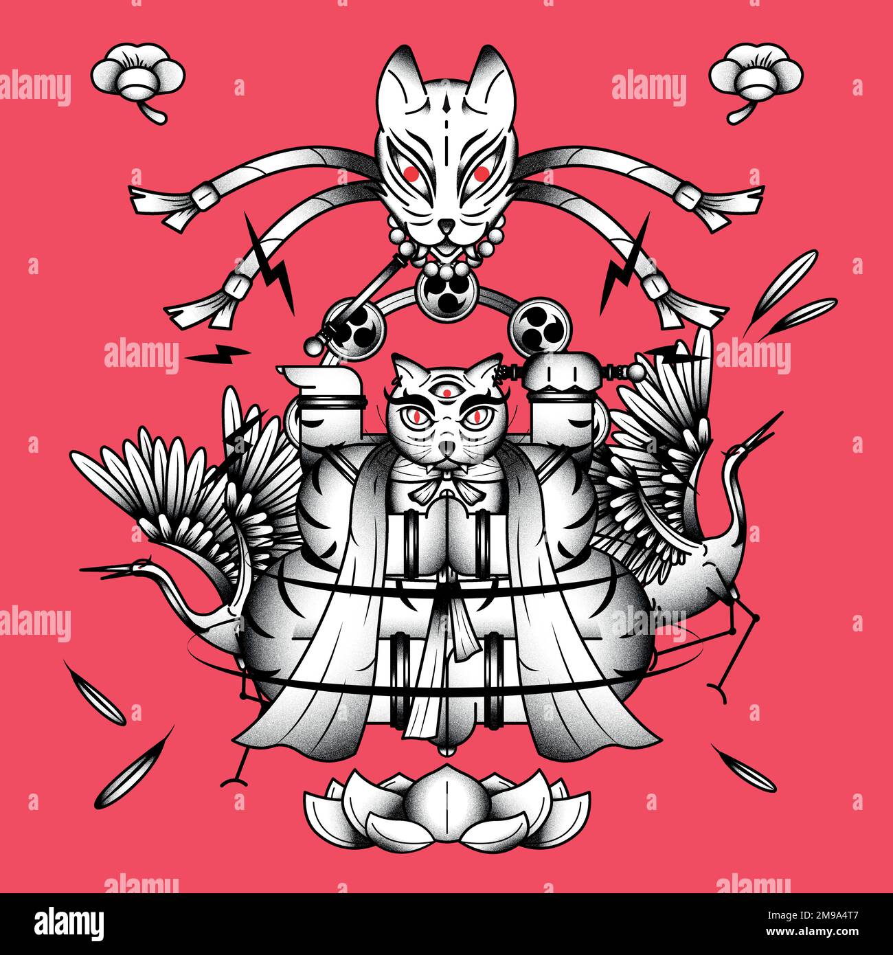 Bakeneko with Raijin drums, Japanese monster cat element on a ...
