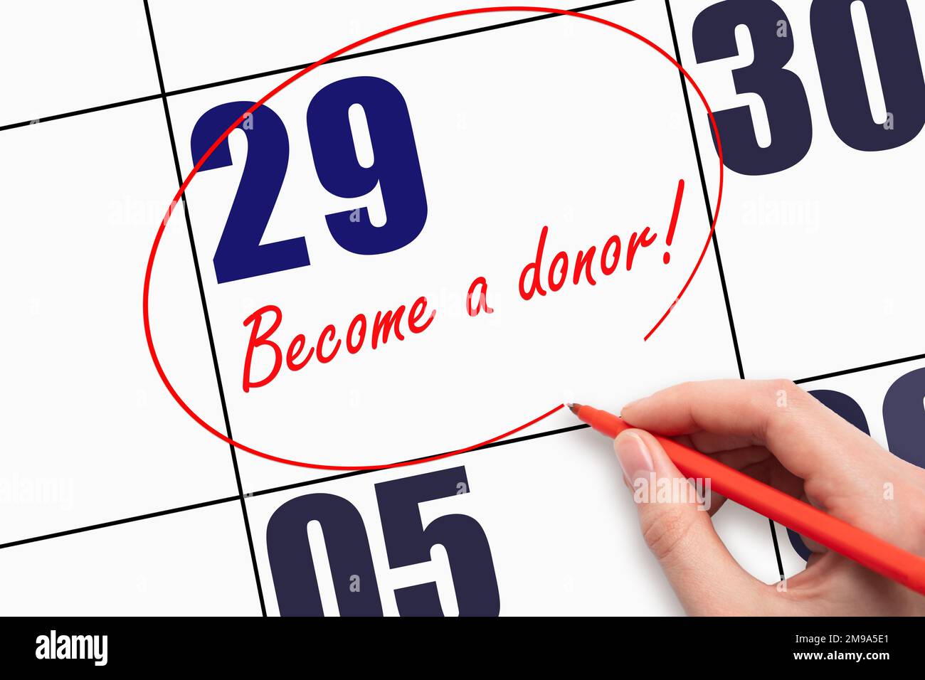 29th day of the month. Hand writing text BECOME A DONOR and circling ...