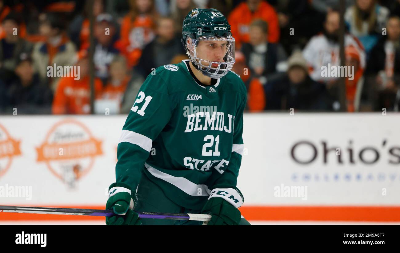 Bemidji State forward Alexander Lundman (21) skates against the Bowling ...