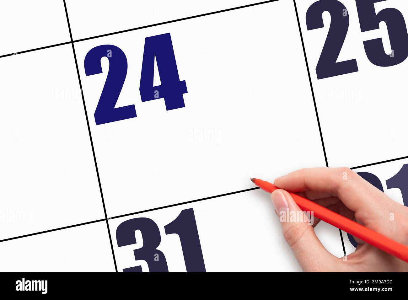 24th day of the month. Hand holding the red pen points to an empty ...